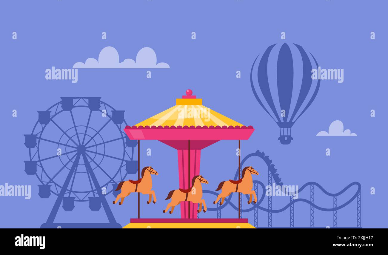 Amusement park composition with outdoor scenery and view of Carousel ...