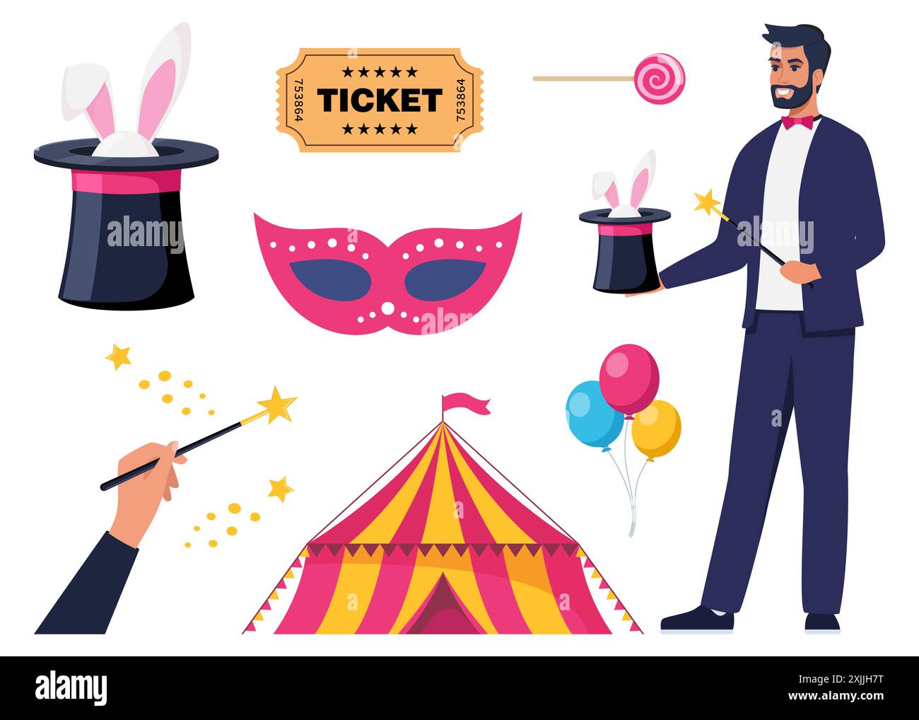 Magician demonstrating trick and taking rabbit out of top hat. Circus ...