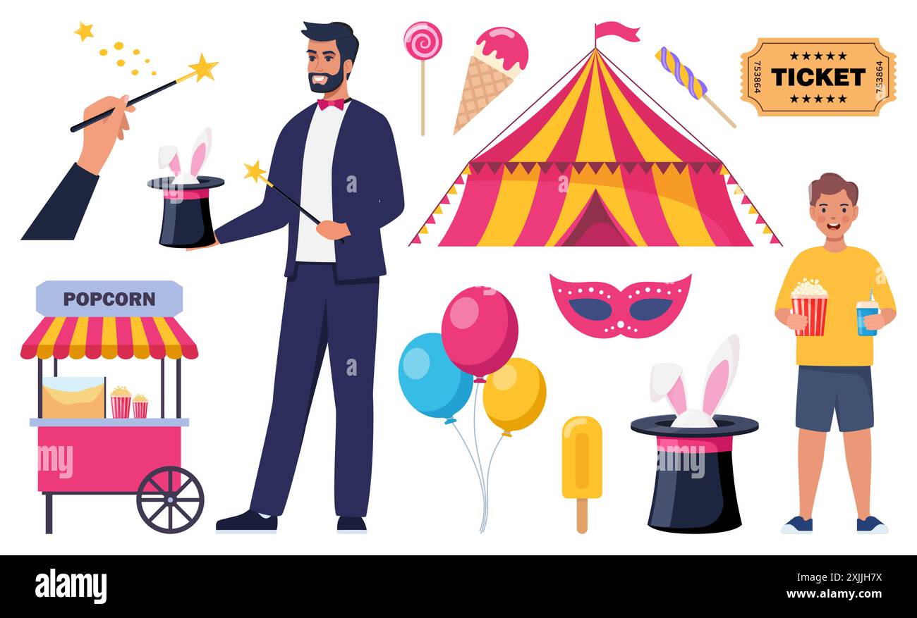 Magician demonstrating trick and taking rabbit out of top hat. Circus ...