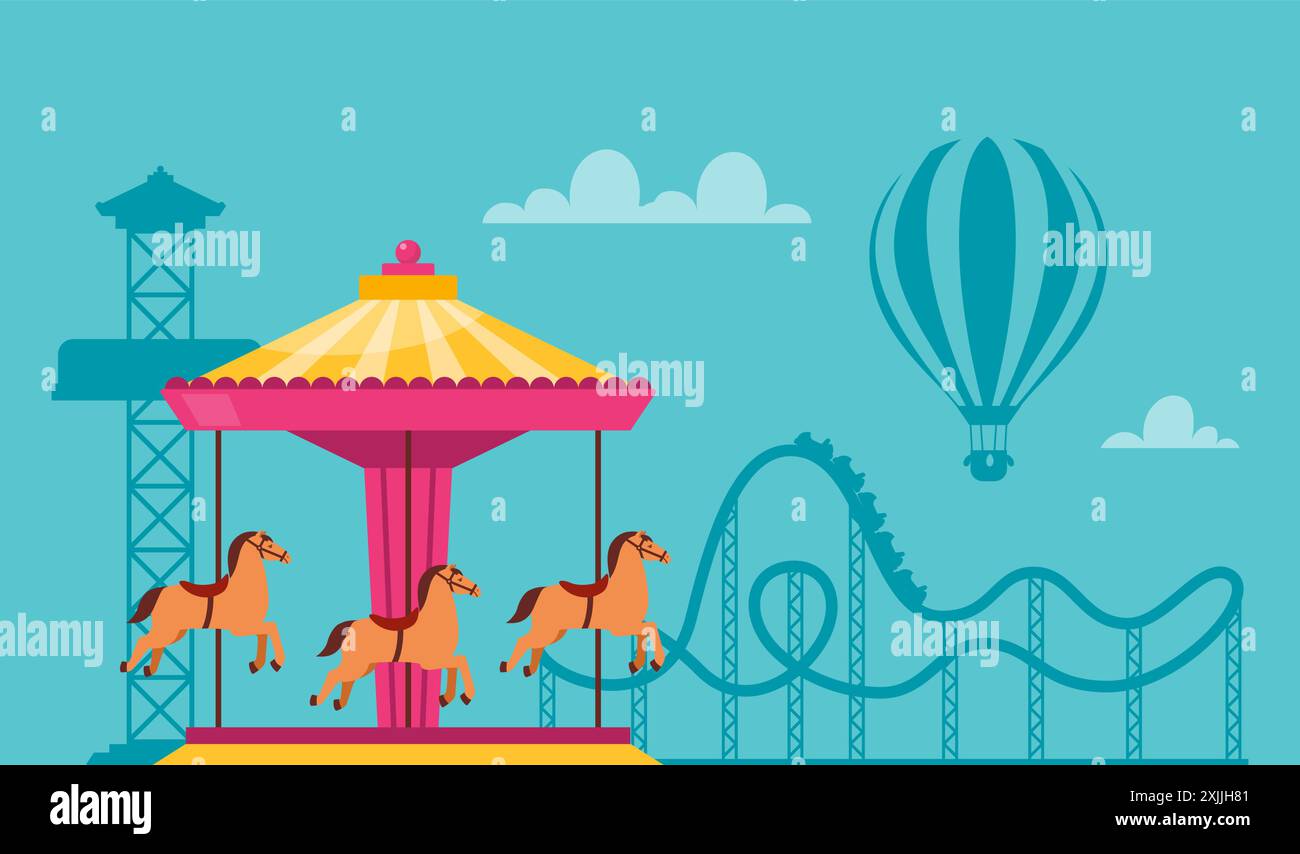 Amusement park composition with outdoor scenery and view of Carousel ...