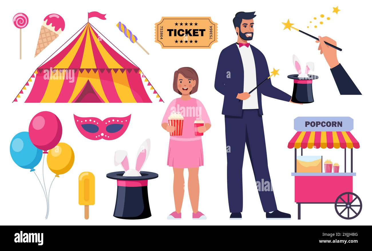 Magician demonstrating trick and taking rabbit out of top hat. Circus ...