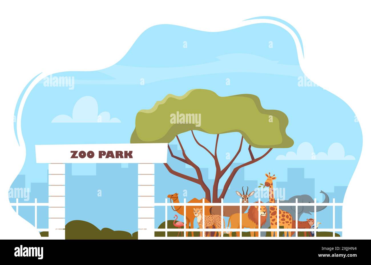 Zoo entrance gate and exotic African animals. Elephant, giraffe, camel ...