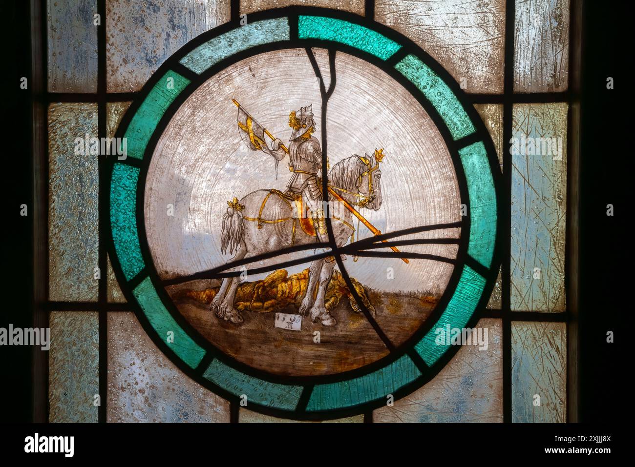 Stained glass windows with St. George on Horseback Abrecht Dürer. Water ...