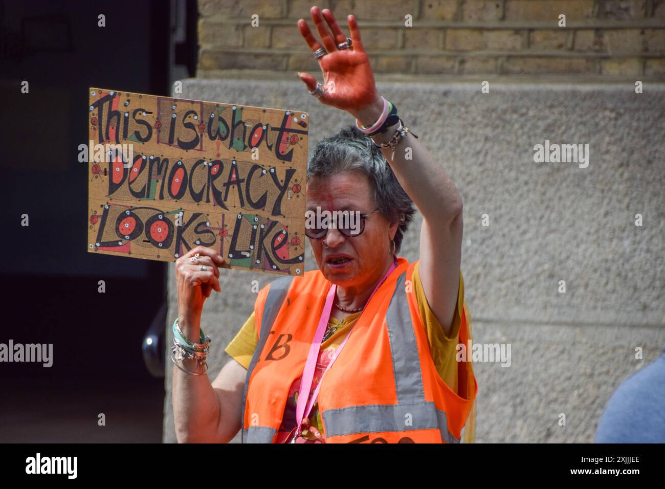 London, UK. 18th July 2024. Protesters gather outside Southwark Crown ...