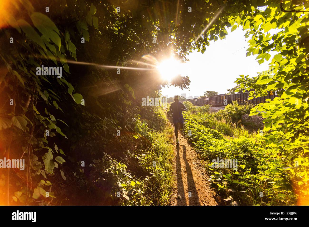 Two friends trail running with a skyline in the background Stock Photo ...
