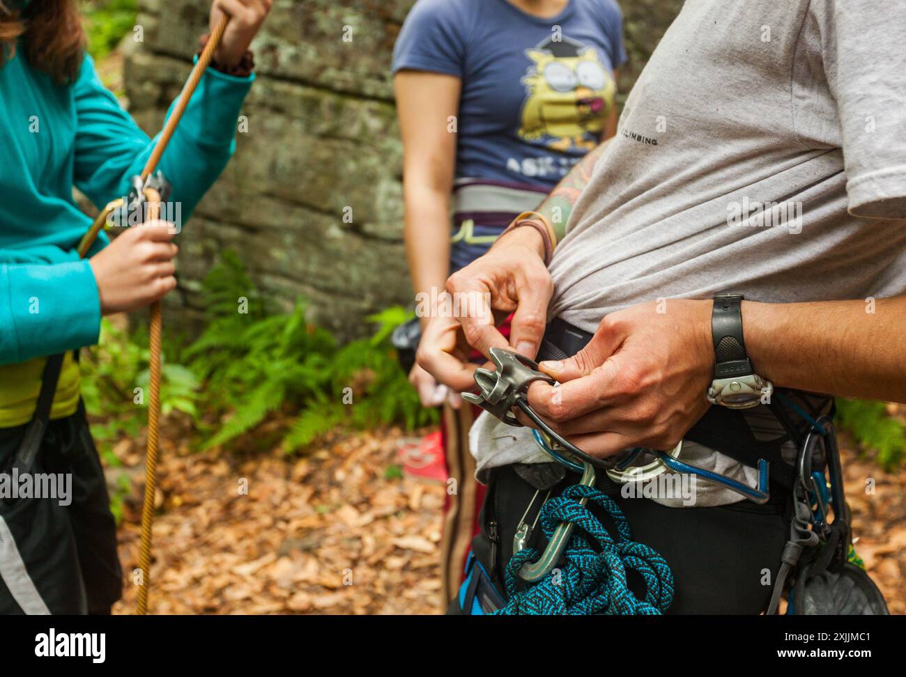 Rock Climbing Lesson on How to Belay Stock Photo - Alamy