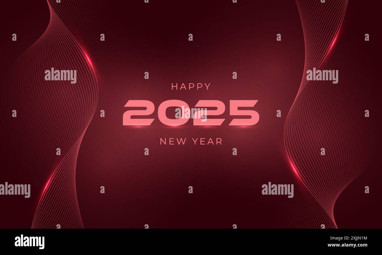 New year 2025 red festive background with red glowing wavy lines and ...