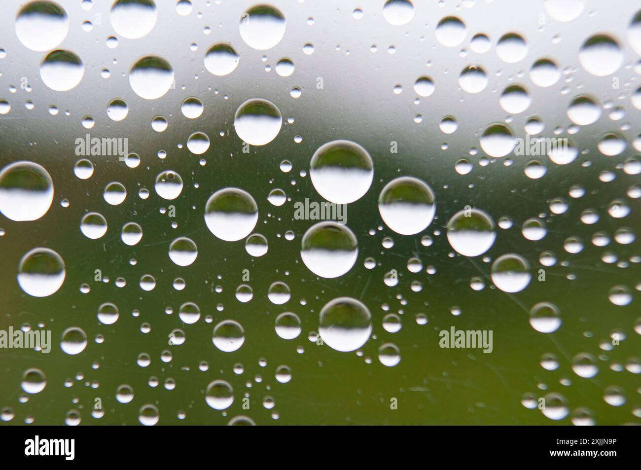 Straight view of water droplets on clear glass on blurred nature background. Suitable for design ...