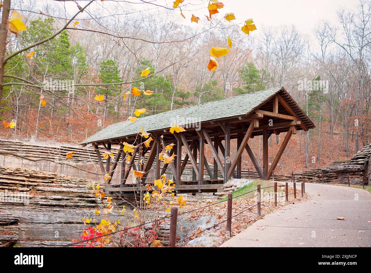Wooden covered bridge in a forested area with autumn leaves Stock Photo ...