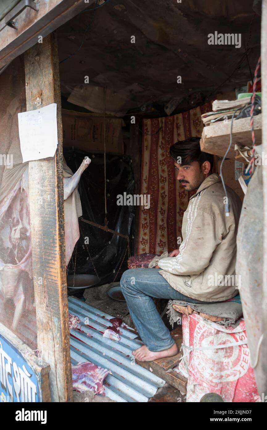 Indian butcher seated in his shop, Himachal Pradesh, India Stock Photo ...
