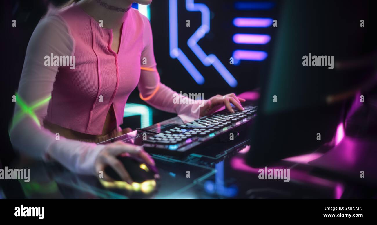 Close Up of a Female Gamer Girl Playing on a Computer. Focus on Hands Using Keyboard and Mouse ...