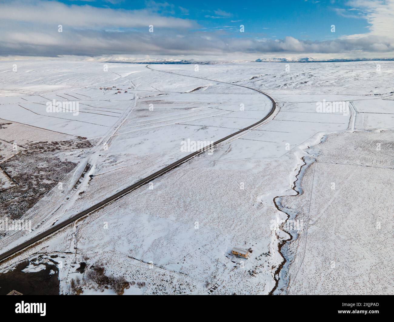 View above Iceland's Ring Road leading to the snowy horizon Stock Photo ...