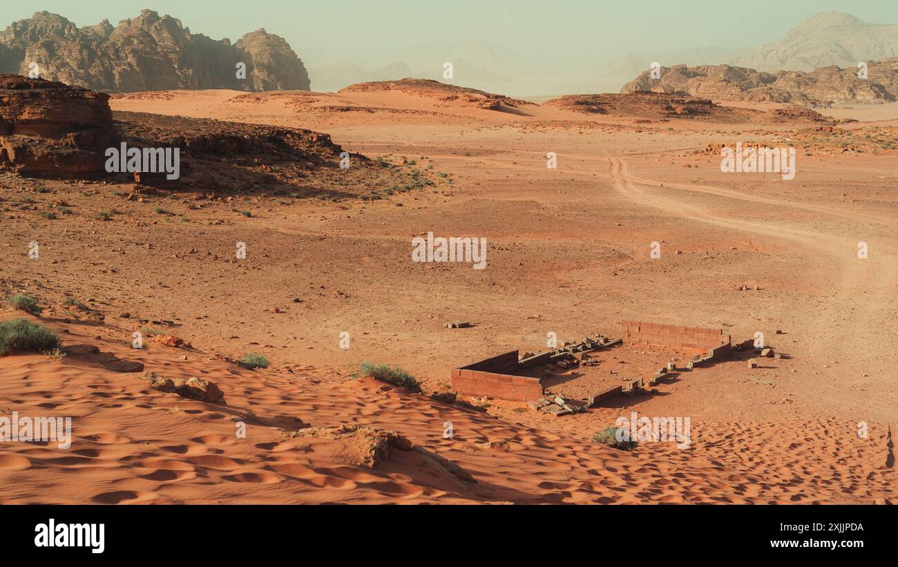 Old ruins and paths in the middle of the scorched desert landscape ...
