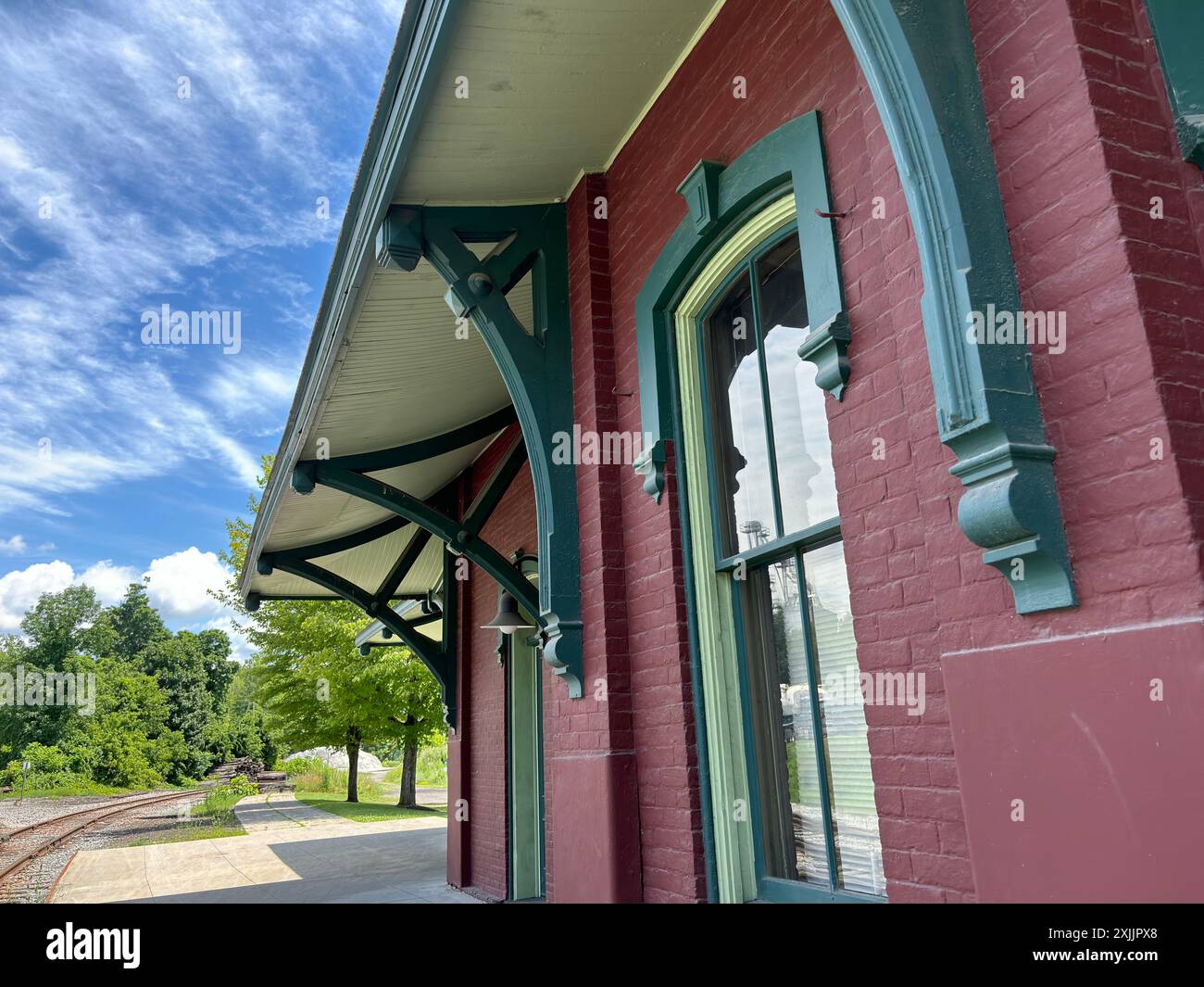 Red-brick train station in North Bennington, Vermont with blue sky ...