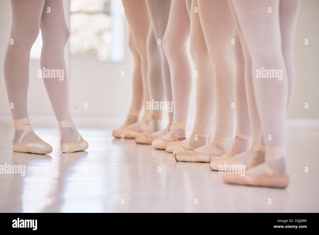 Feet, ballet and dance class with studio teacher and student group for ...