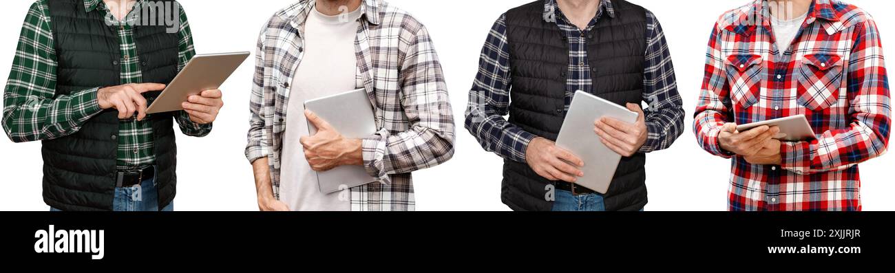 Set of cropped portraits of workers with digital tablet in hands ...