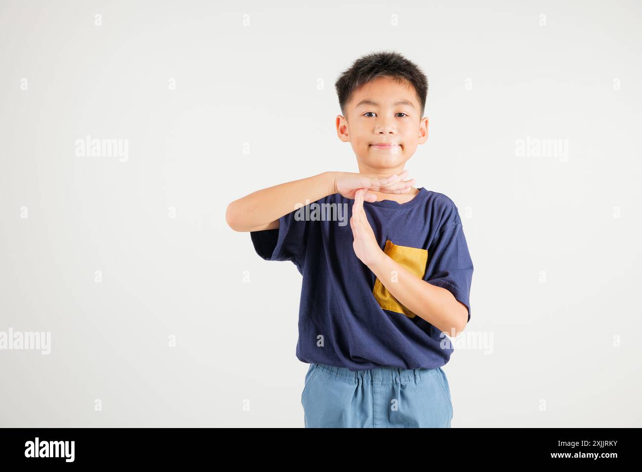 Closeup portrait young kid boy smiling making give time out gesture ...