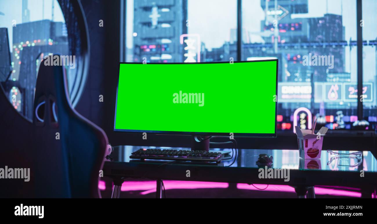 Empty Gaming Station with Green Screen Mock Up Computer Display ...