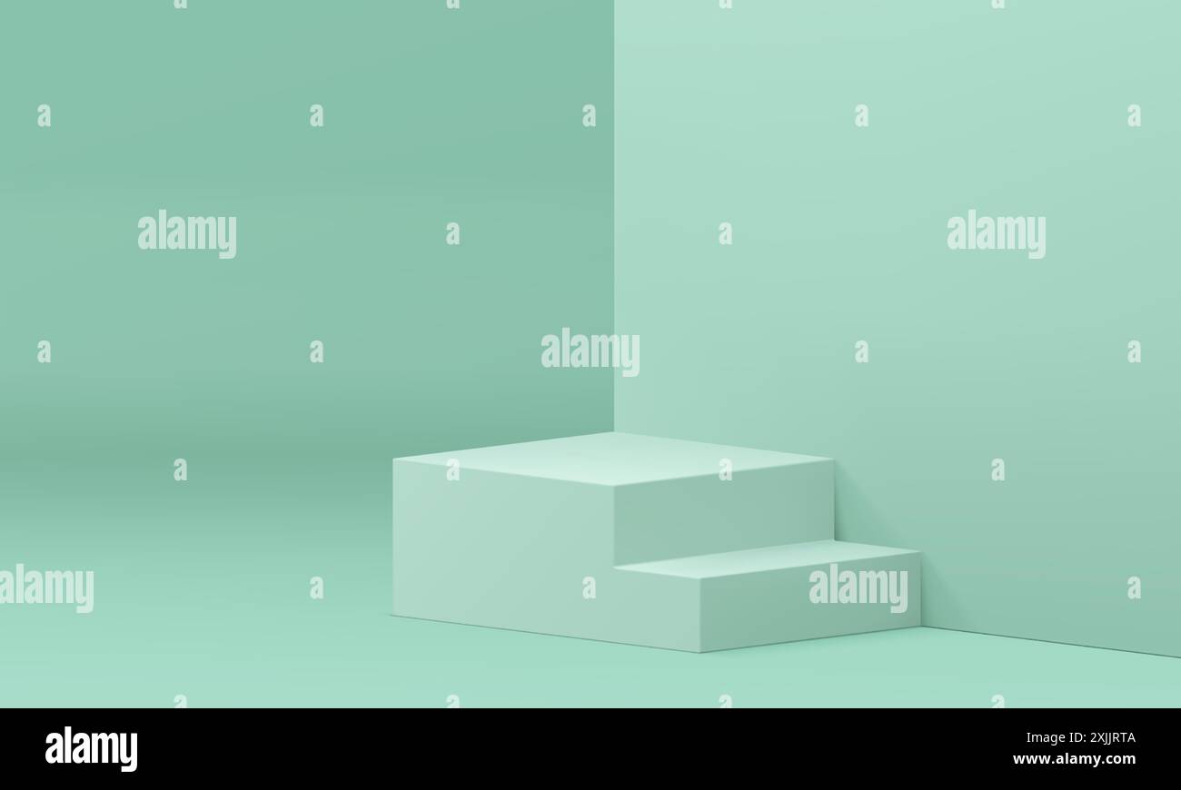 Realistic 3d podium light green showroom with stairs corner wall ...