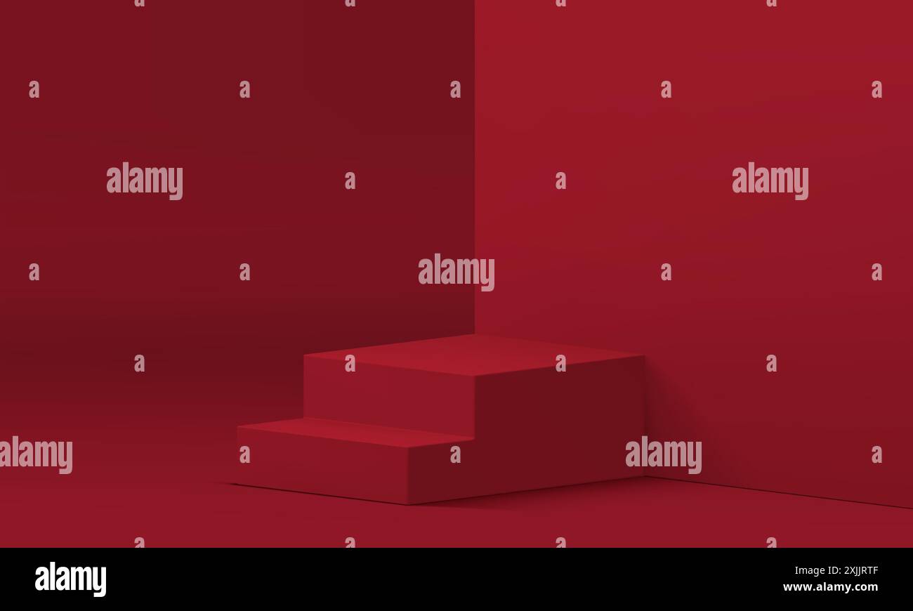 3d stairs podium platform with steps red wall backdrop modern promo ...