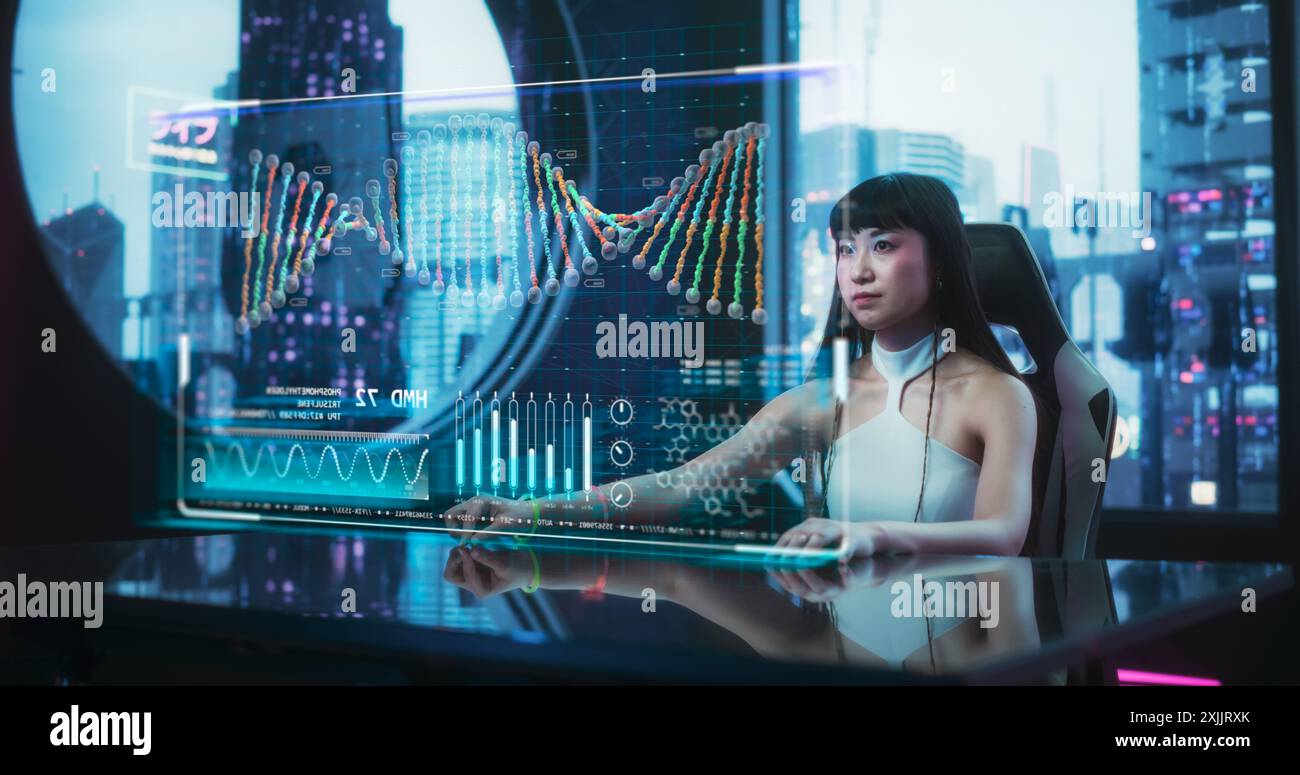 Stylish Japanese Young Woman Interacting with an Augmented Reality Hologram with a DNA ...