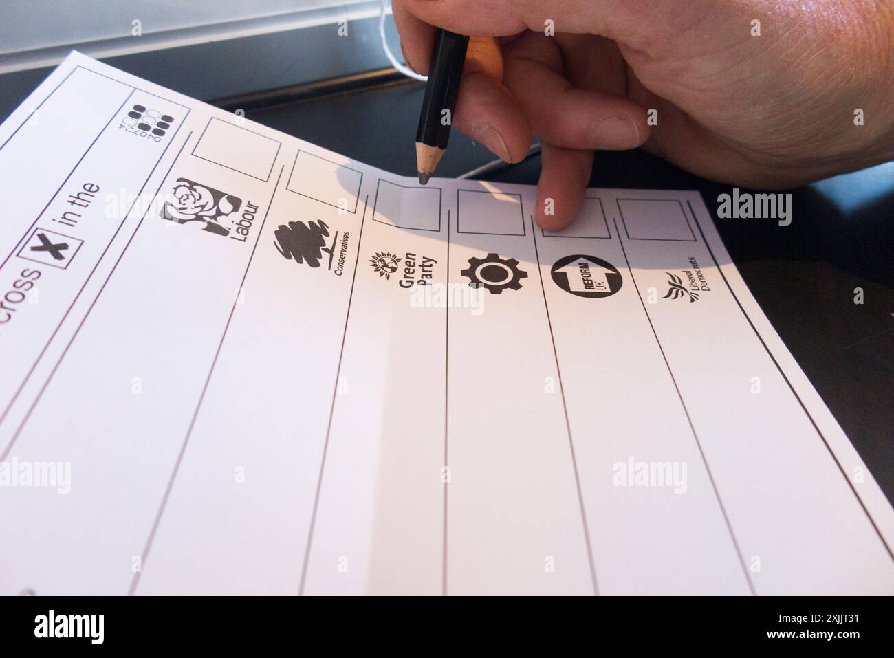 Ballot paper and pencil as voter makes choice to cast a vote and make a ...