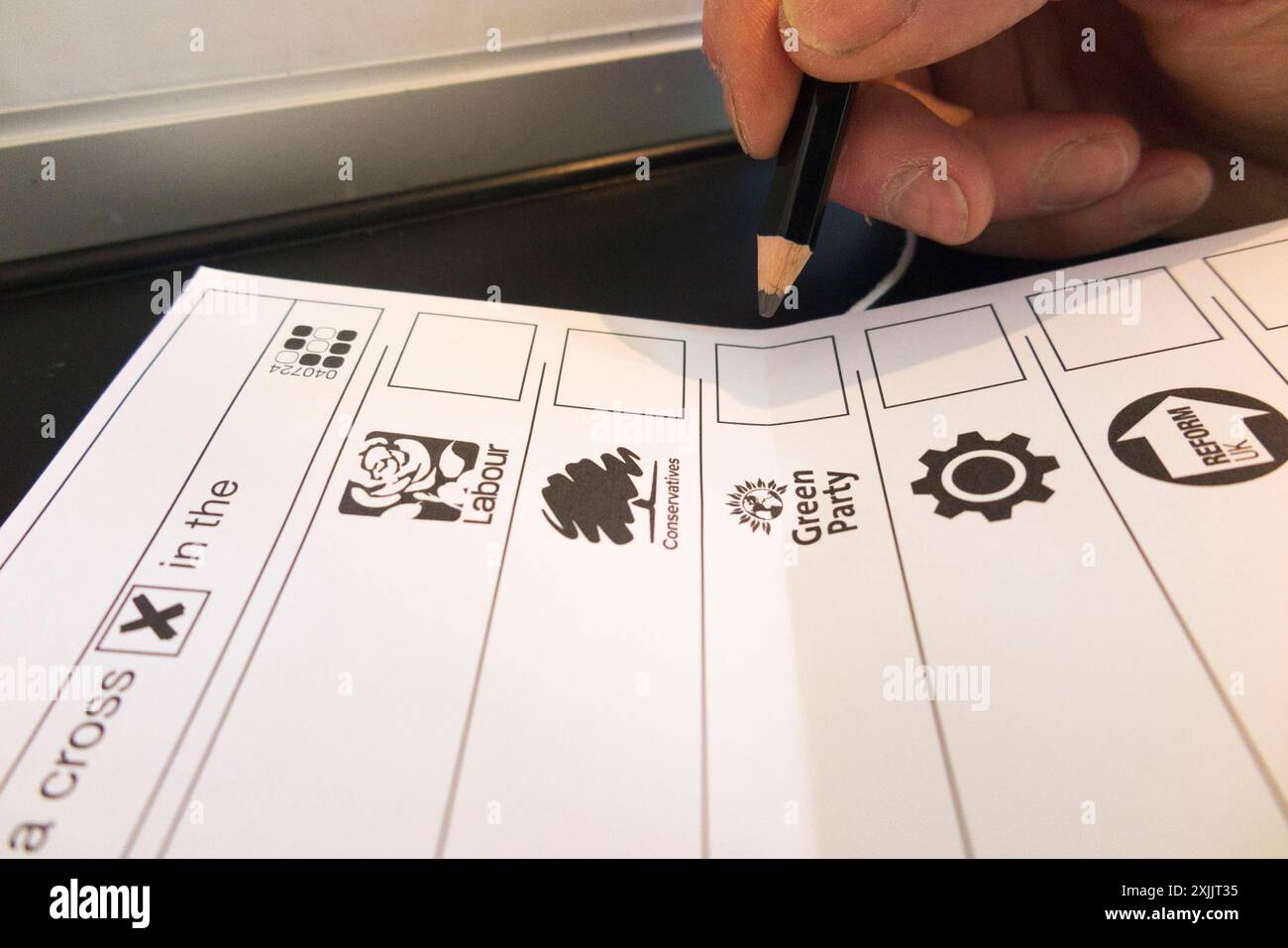 Ballot paper and pencil as voter makes choice to cast a vote and make a ...