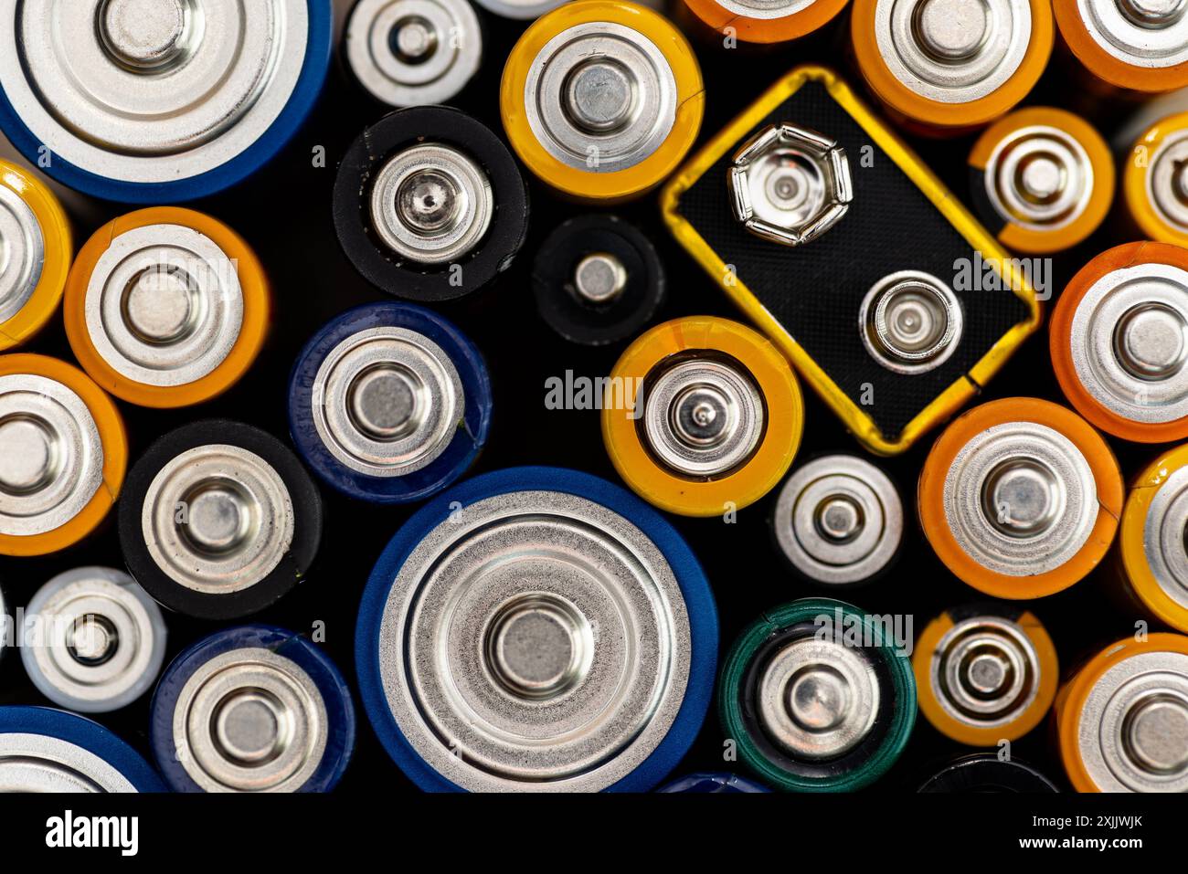 Background made of various alkaline and lithium-ion batteries, positive ...