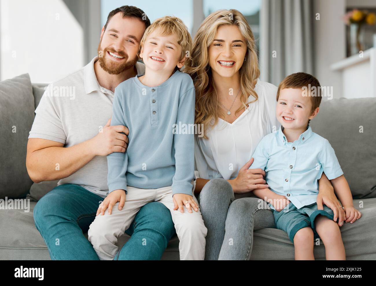 Family, parents and portrait of kids on sofa, connection and ...