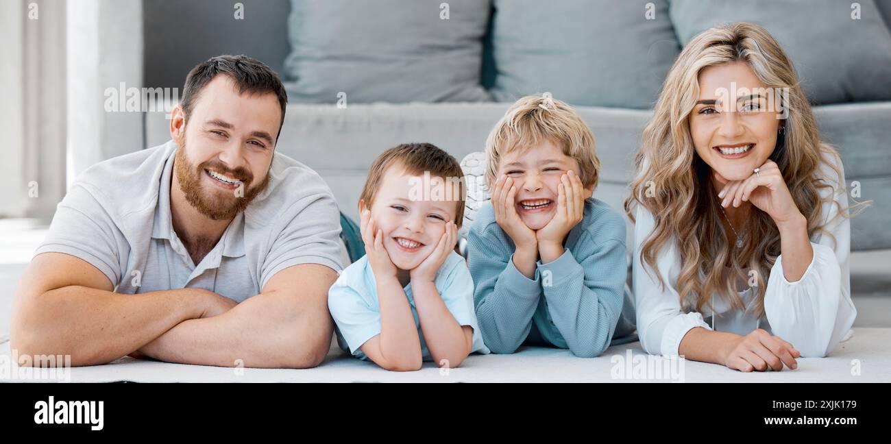 Relax, parents and portrait of children on floor, connection and ...