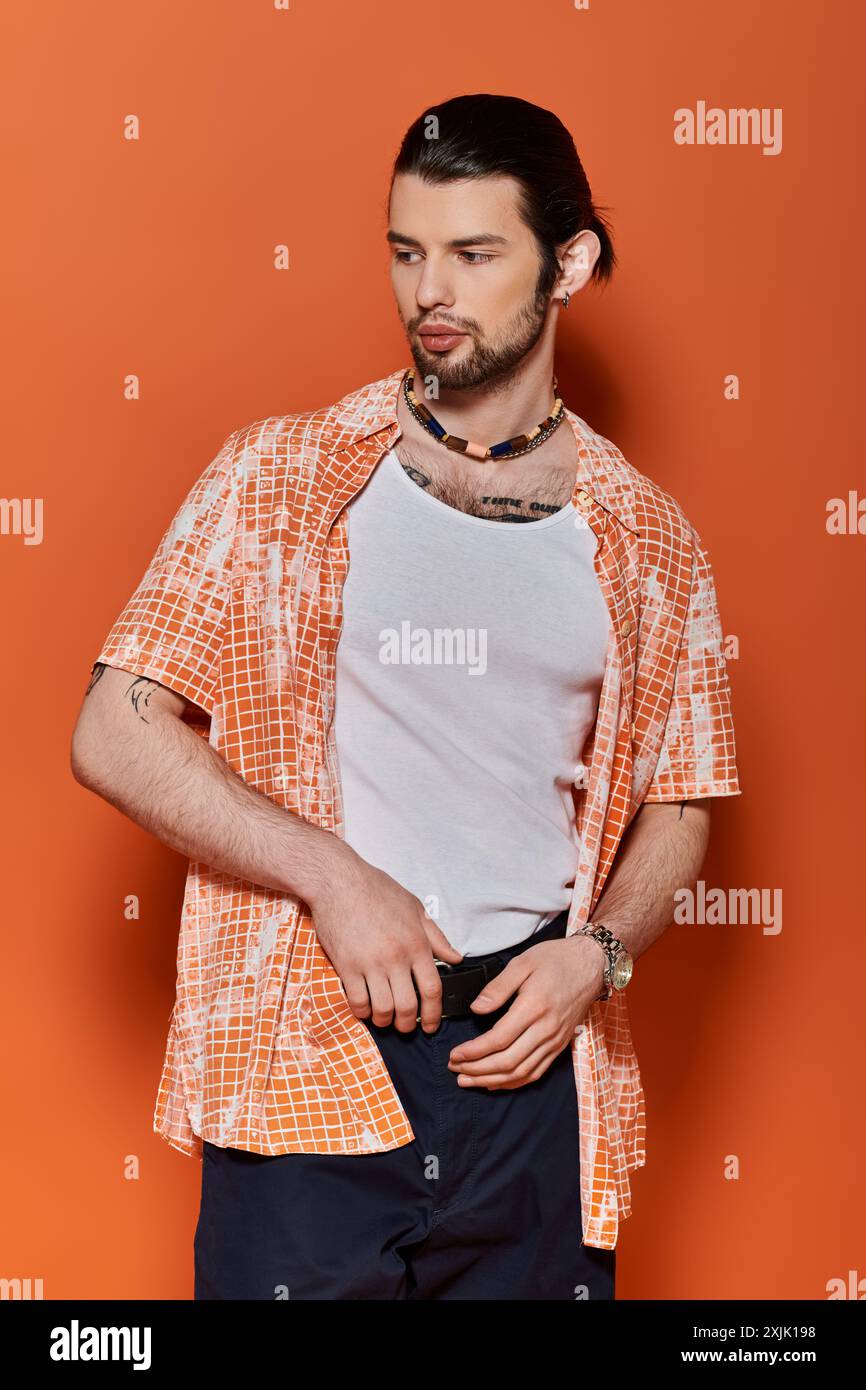 A stylish Caucasian man standing confidently in front of a vibrant ...