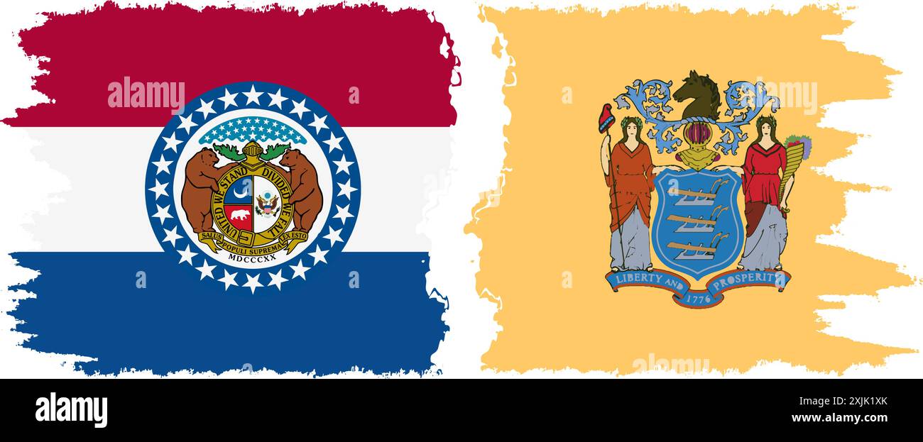New Jersey and Missouri states grunge brush flags connection, vector ...