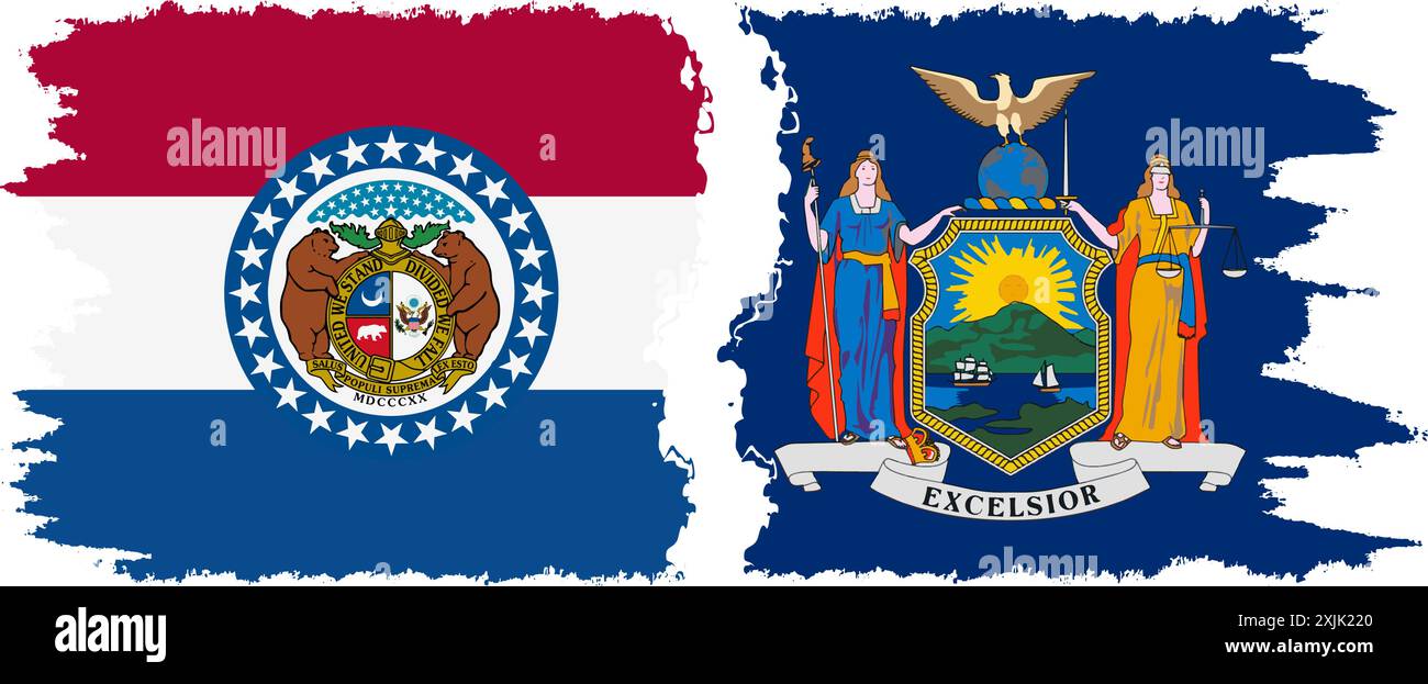 New York and Missouri states grunge brush flags connection, vector ...