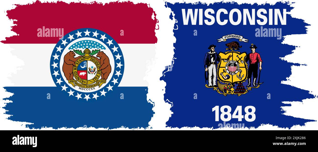 Wisconsin and Missouri states grunge brush flags connection, vector ...