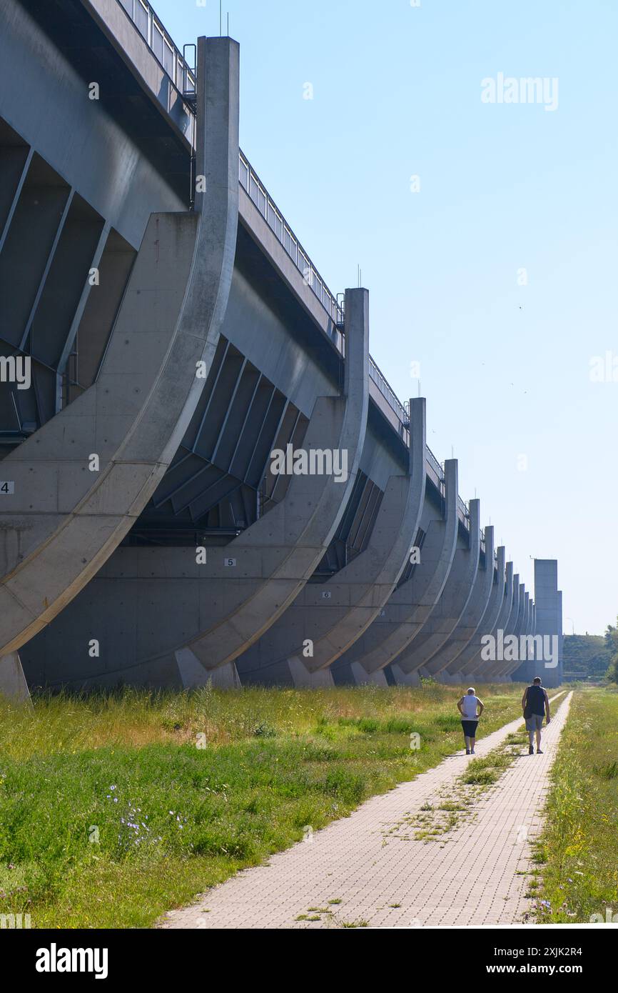 19 July 2024, Saxony-Anhalt, Wolmirstedt: Walkers walk along the ...
