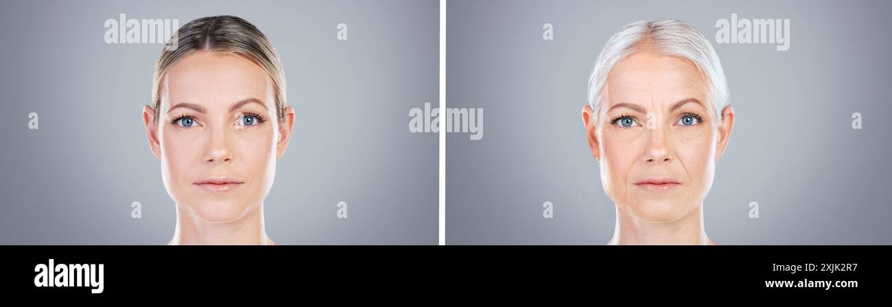 Woman, portrait and skincare with before and after for aging process ...