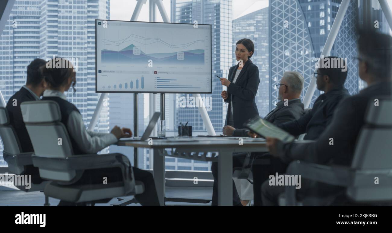 Office Conference Room Presentation: Businesswoman Talks, Uses TV ...