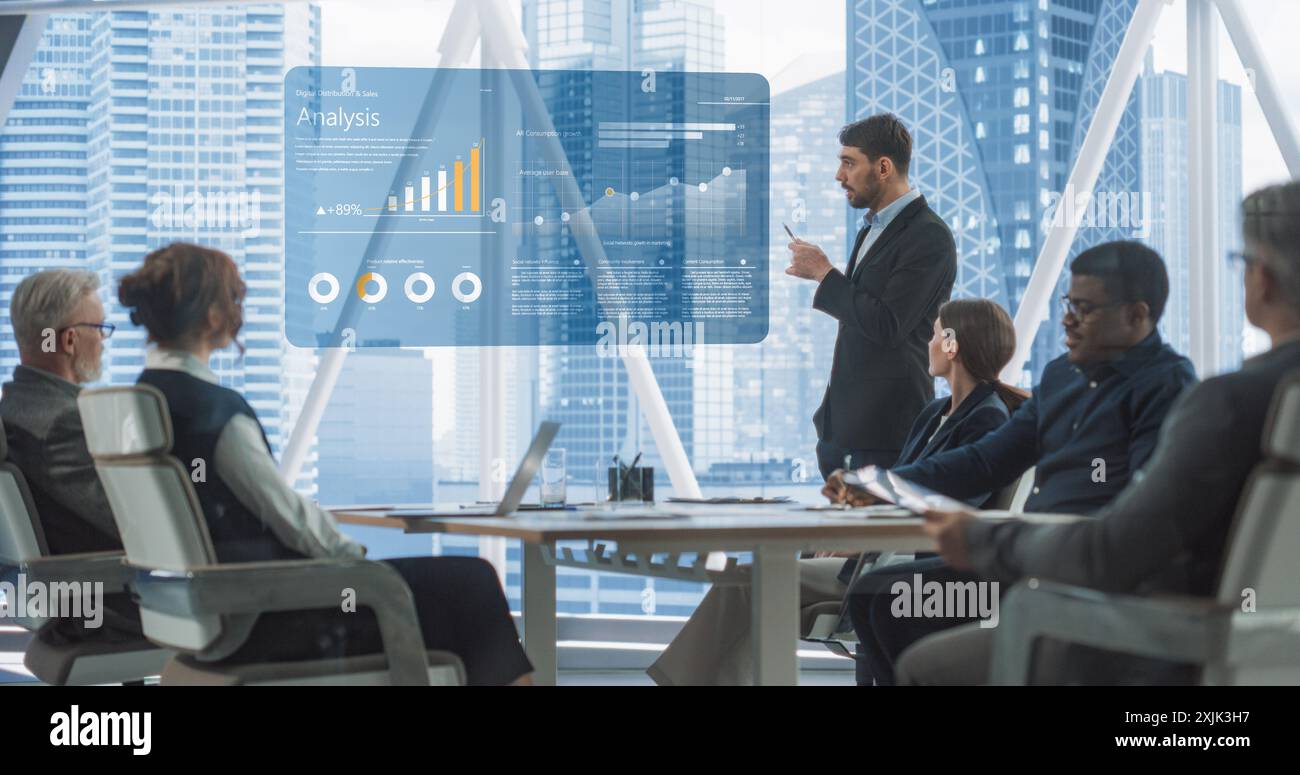 Office Conference Room Meeting Presentation: Caucasian CEO Talks, Uses ...