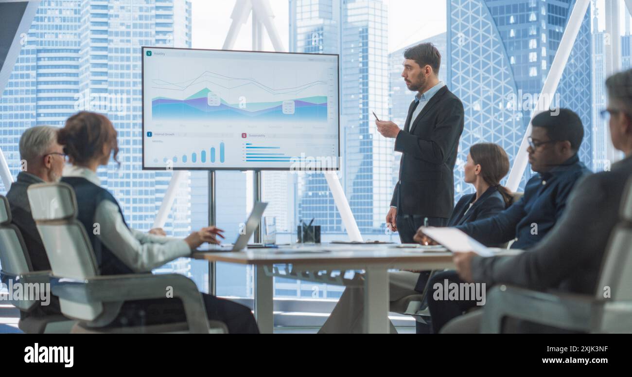 Office Conference Room Meeting Presentation: Caucasian CEO Talks, Uses ...