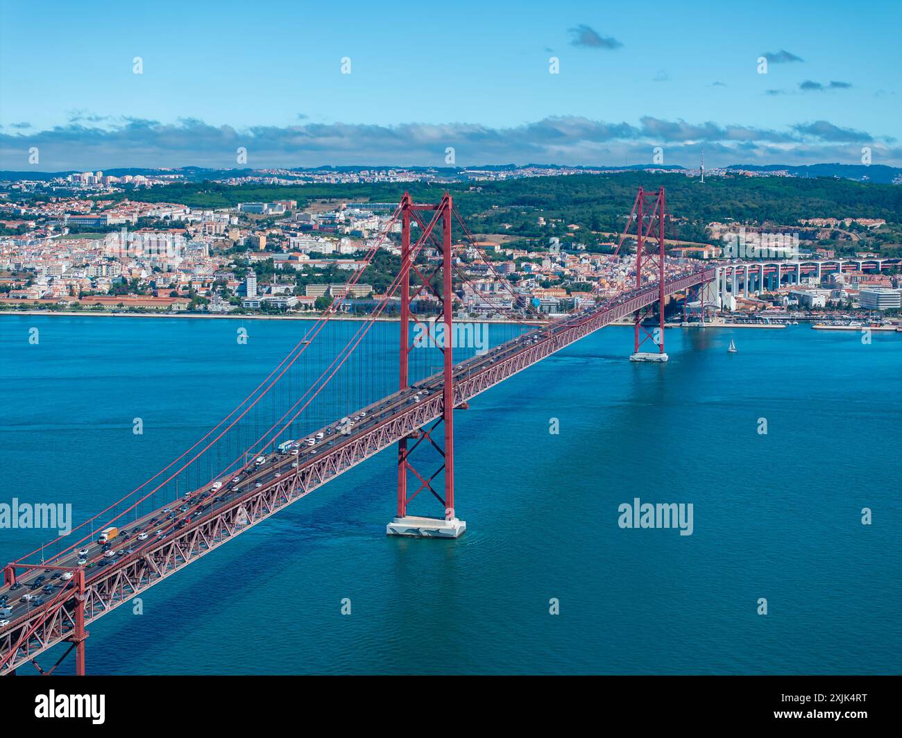 Aerial view of the 25th April Bridge - Ponte 25 de Abril - is a ...