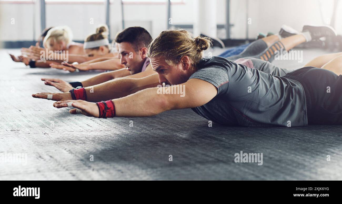 People, exercise and stretching back on floor for health, muscle ...