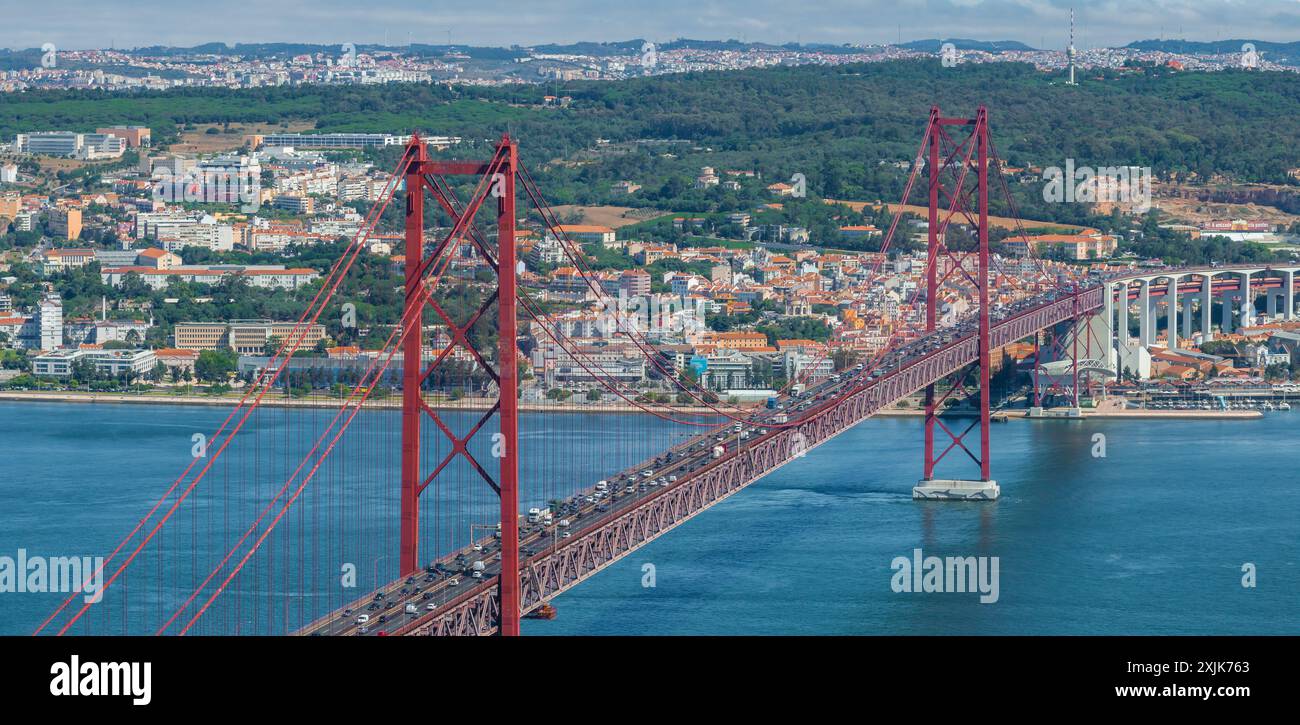 Aerial view of the 25th April Bridge - Ponte 25 de Abril - is a ...