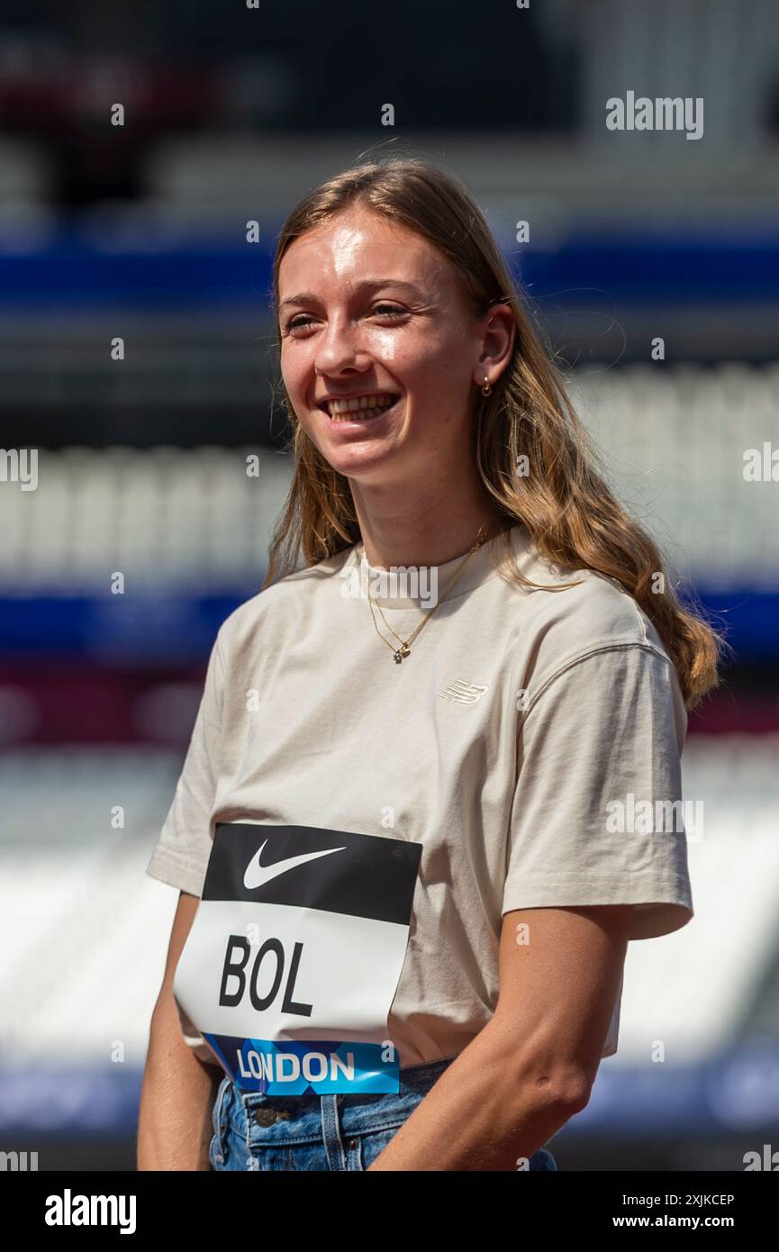 London, UK. 19 July 2024. Femke Bol (NED), 400m hurdles, at a photocall ...