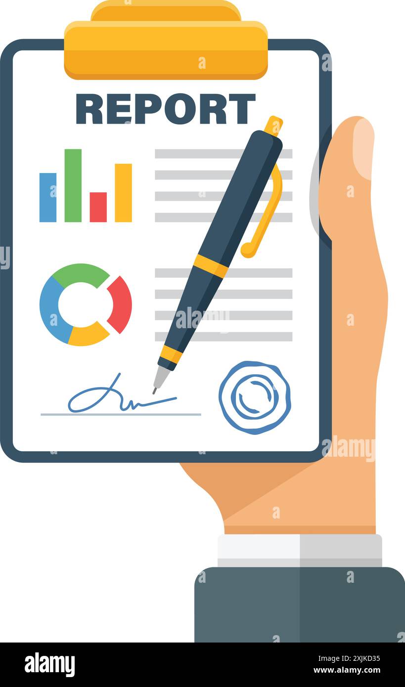 Report document in hand icon in flat style. Dashboard plan vector ...