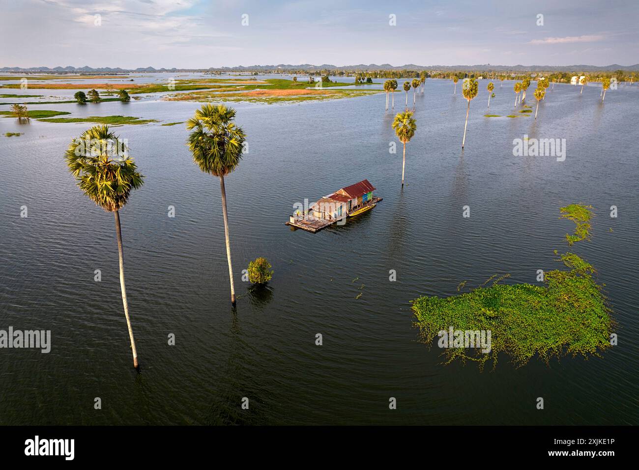 Spectacular aerial view of a floating house surrounded with palm trees ...