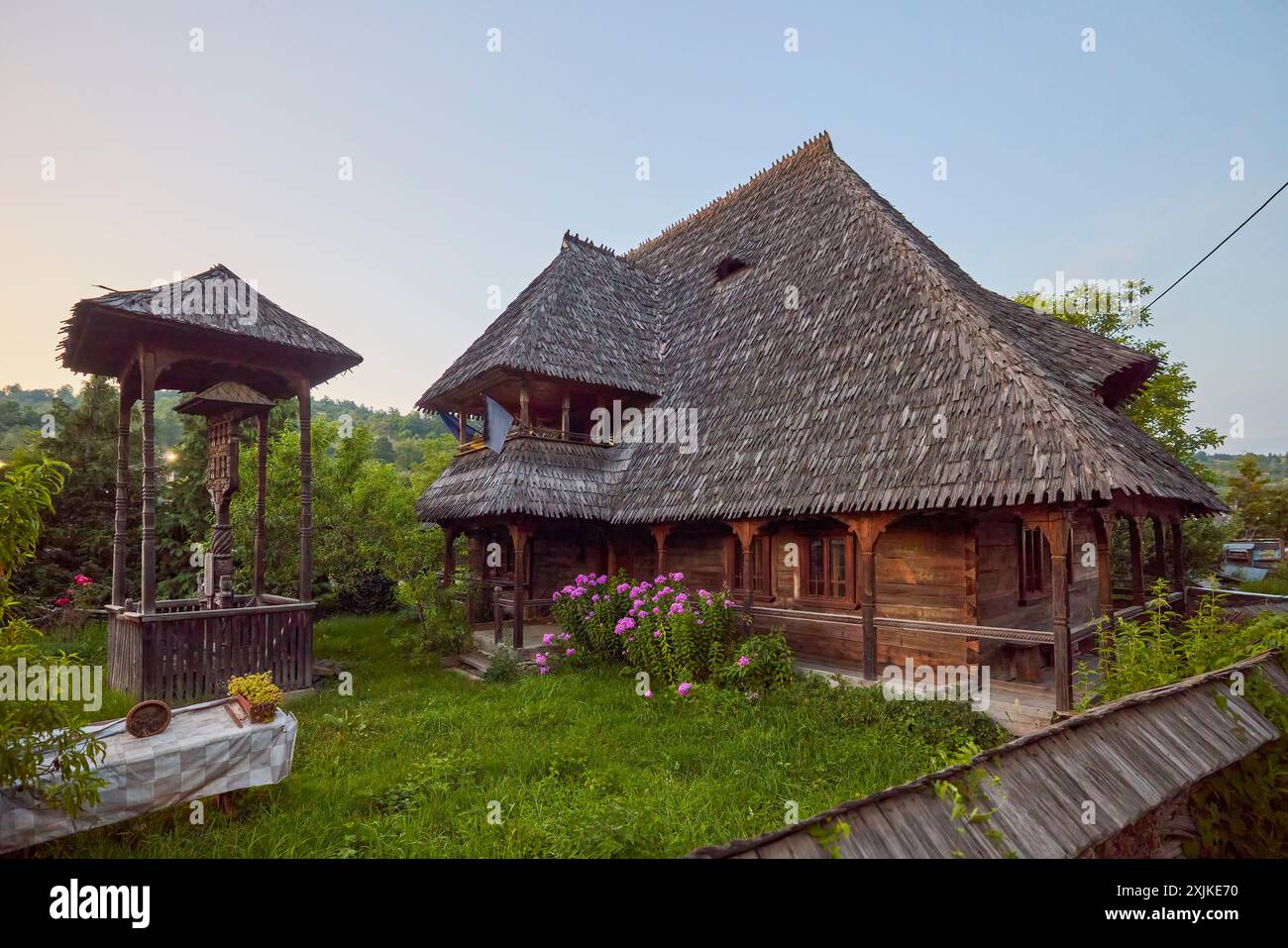 landscape with different traditional houses from Maramures, Romania ...