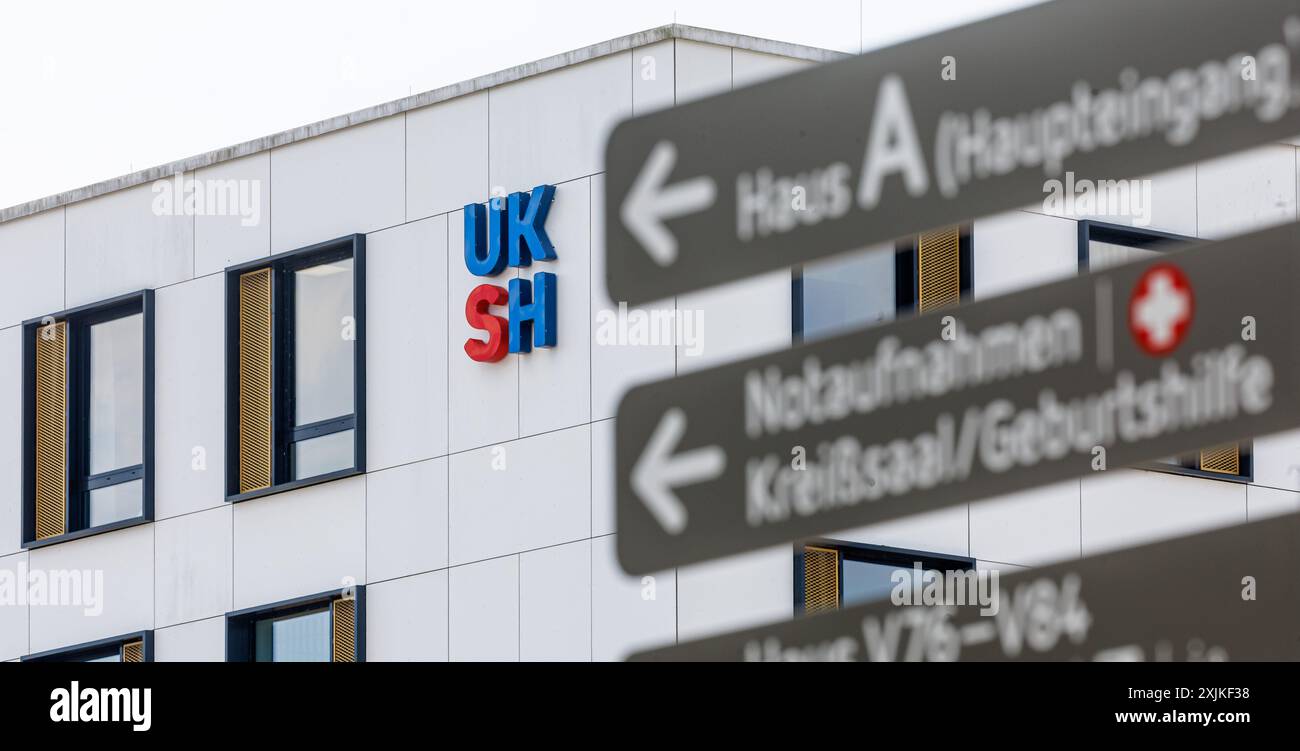 19 July 2024, International, Lübeck: View of the UKSH logo on the main ...