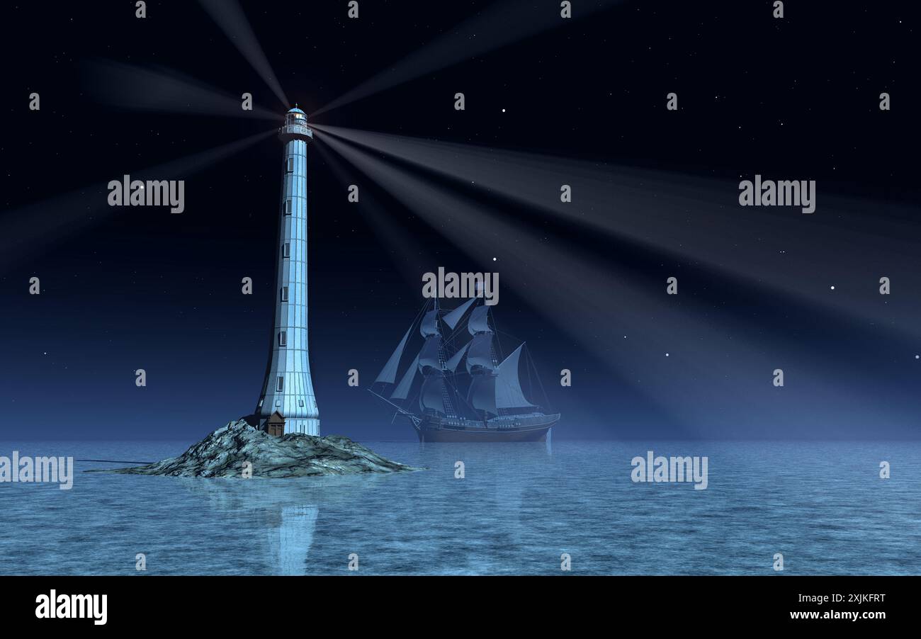 Lighthouse & Sailing Ship Stock Photo - Alamy