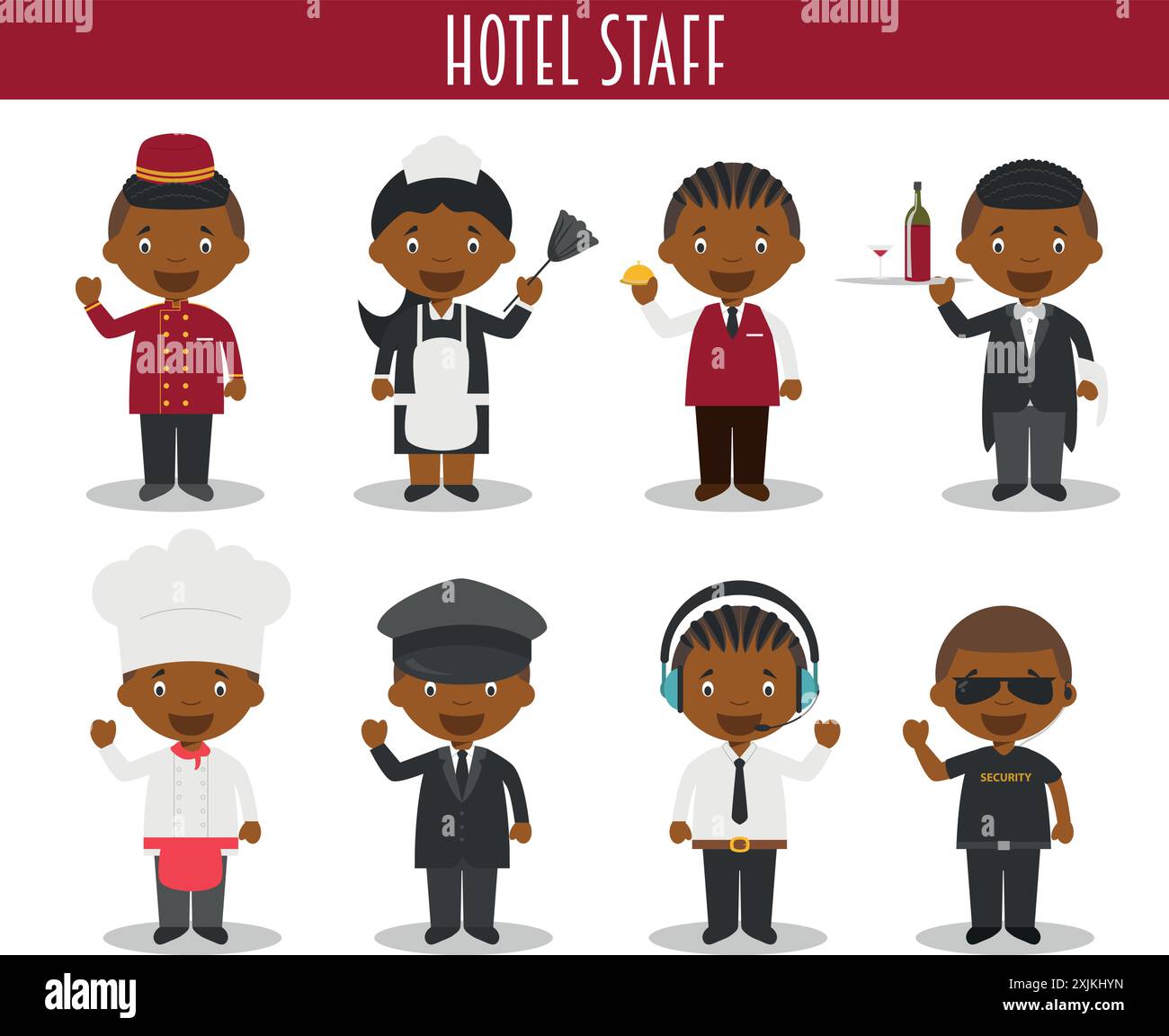 Vector Set of Hotel Staff Professions in cartoon style. Black or ...
