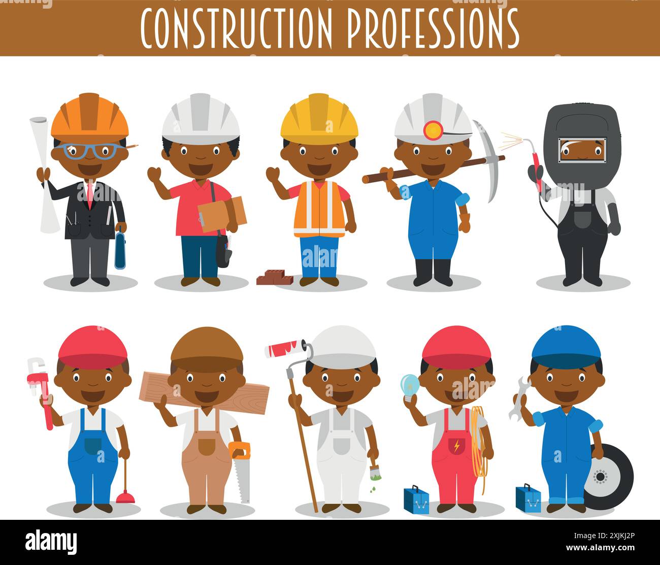 Vector Set of Construction Professions in cartoon style. Black or ...